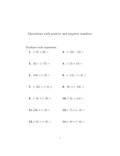 Operations with positive and negative numbers worksheet (with answers ...