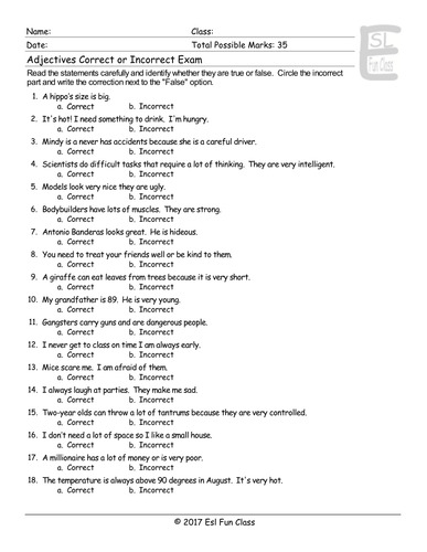 Adjectives Correct-Incorrect Exam | Teaching Resources