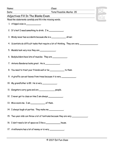 Adjectives Fill In The Blanks Exam | Teaching Resources