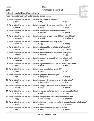 Adjectives Multiple Choice Exam | Teaching Resources