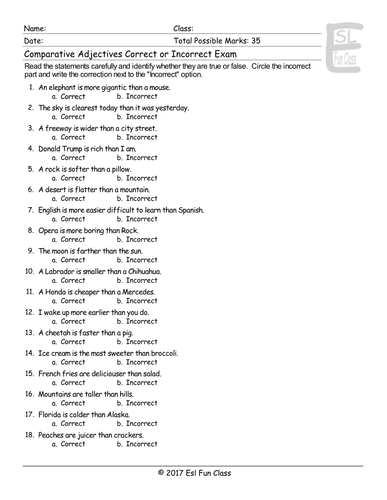 Comparative Adjectives Correct-Incorrect Exam | Teaching Resources