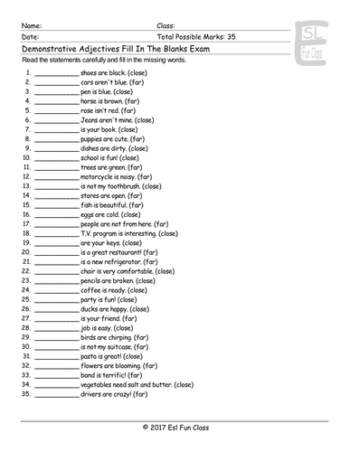 Demonstrative Adjectives Fill In The Blanks Exam | Teaching Resources