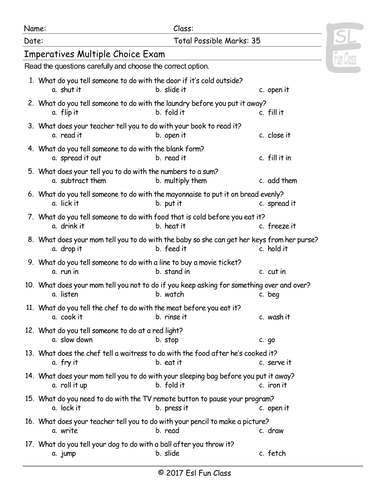 Imperatives Multiple Choice Exam | Teaching Resources
