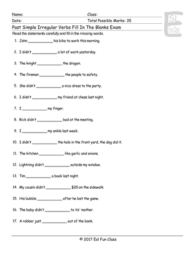 Past Simple Irregular Verbs Fill In The Blanks Exam | Teaching Resources