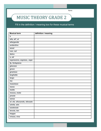 GRADE TWO MUSIC THEORY WORKSHEET - FILL IN THE DEFINITIONS | Teaching ...