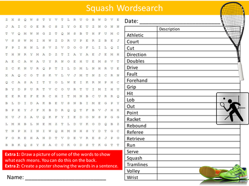 Squash Wordsearch PE Sports Starter Settler Activity Homework Cover ...