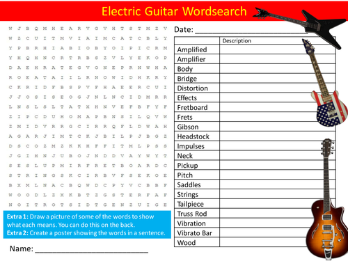 Electric Guitars Wordsearch Music Instruments Starter Settler Activity ...