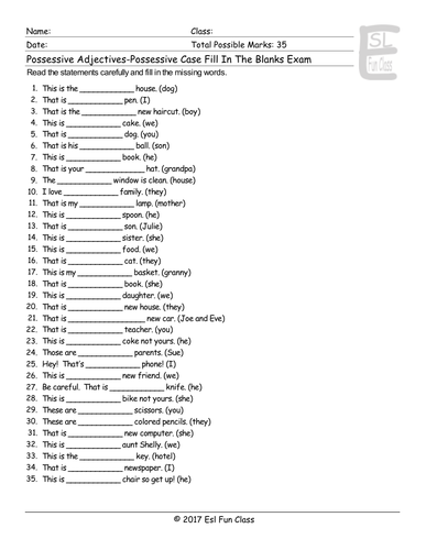 Possessive Adjectives-Possessive Case Fill In The Blanks Exam ...