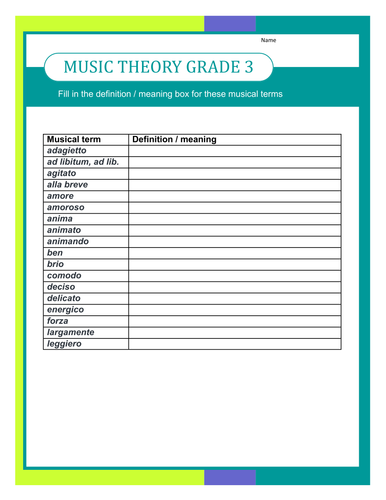 GRADE THREE MUSIC THEORY WORKSHEET - FILL IN THE DEFINITIONS | Teaching ...