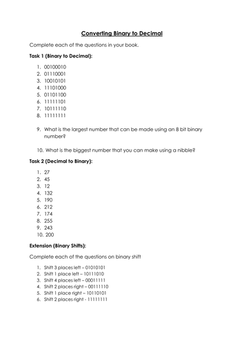 GCSE Computer Science (Binary Conversion and Binary Shifts) | Teaching Resources
