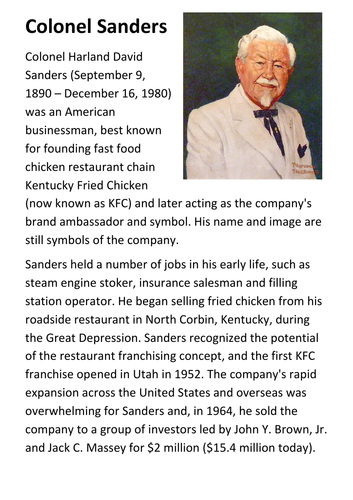 Colonel Sanders Handout | Teaching Resources