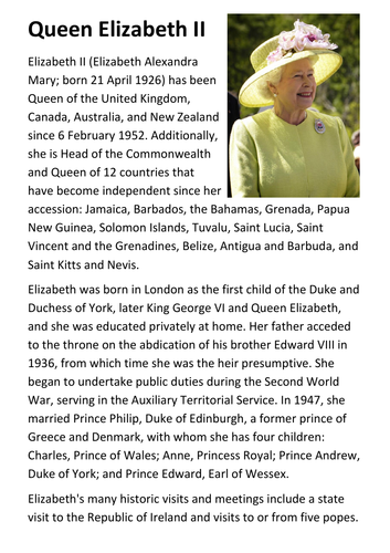 Queen Elizabeth II Handout | Teaching Resources