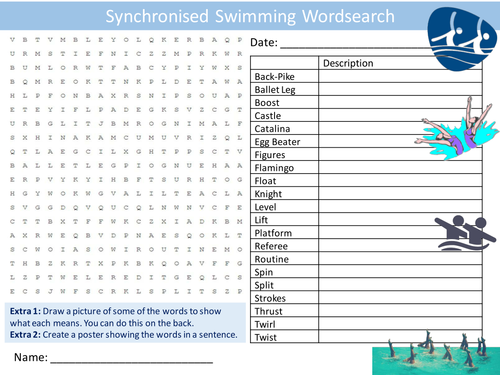 Synchronised Swimming Wordsearch PE Sports Starter Settler Activity ...