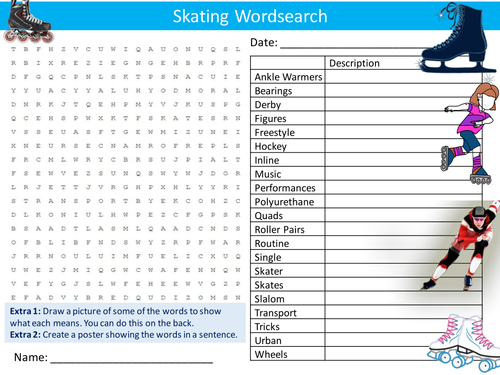 Skating Wordsearch PE Sports Starter Settler Activity Homework Cover ...