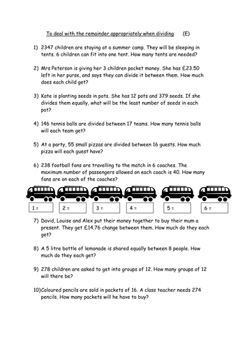 Worksheet for solving division word problems where the remainder needs ...