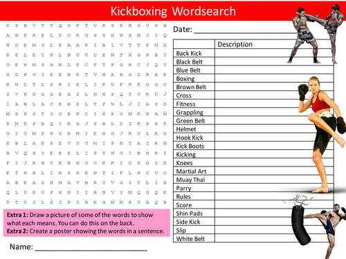 Kickboxing Wordsearch Sport PE Starter Settler Activity Homework Cover ...