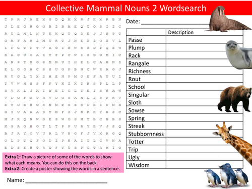 Mammals Collective Nouns 2 Wordsearch English Starter Settler Activity ...
