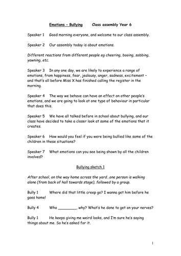 Class assembly on bullying and the emotions of both victims and bullies ...