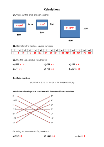 Square, Cubes and Roots - Edexcel KS3/KS4 | Teaching Resources