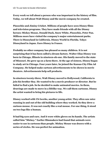 KS2 Reading Comprehension - The life of Walt Disney. 3 levels of ...