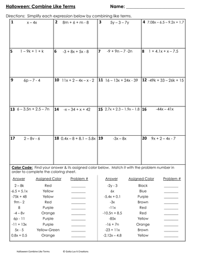 Halloween Math - Combine Like Terms Simplify Expressions | Teaching ...