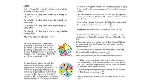 Probability Problems involving Algebra | Teaching Resources