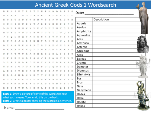 Ancient Greek Gods 1 Wordsearch Myths Legends Starter Settler Activity ...