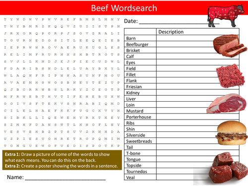 Beef Wordsearch Cows Meat Food Technology Starter Settler Activity ...