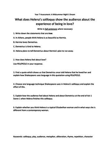 Shakespeare's A Midsummer Night's Dream Assessment based on Act 1 Scene ...