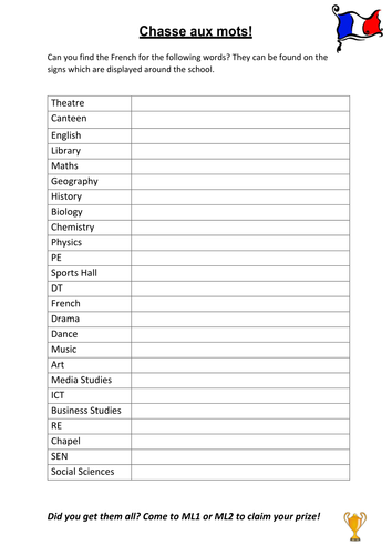 French rooms around the school and vocab hunt. Perfect for open evening ...