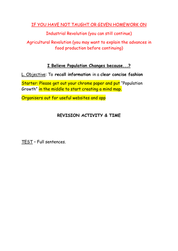 Population Change in the Industrial Revolution Lessons 3 & 4 - Social ...