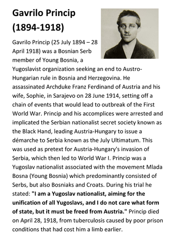 Gavrillo Princip Handout | Teaching Resources