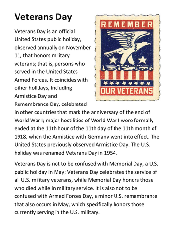 Veterans Day USA Handout | Teaching Resources