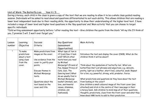 KS2 Literacy 'The Butterfly Lion' by Michael Morpurgo unit of work (21 ...