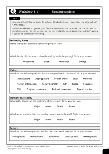 Worksheet Pack for Pearson Edexcel GCSE Music (2016 Specification ...