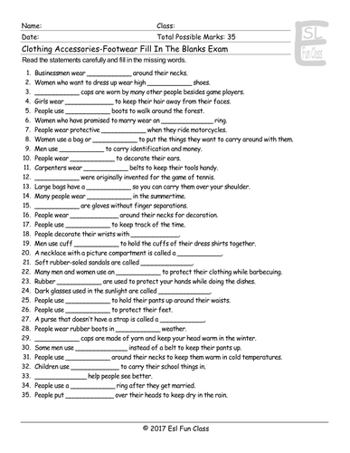 Clothing Accessories-Footwear Fill In The Blanks Exam | Teaching Resources