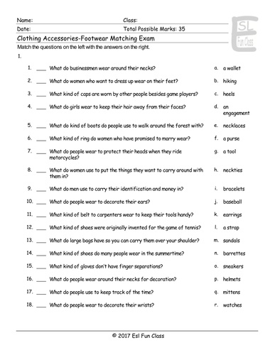 Clothing Accessories-Footwear Matching Exam | Teaching Resources