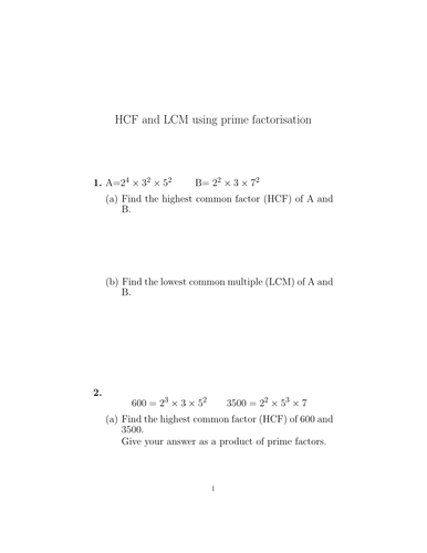HCF and LCM using prime factorisation worksheets (with detailed ...