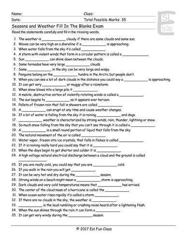 Seasons-Weather Fill In The Blanks Exam | Teaching Resources