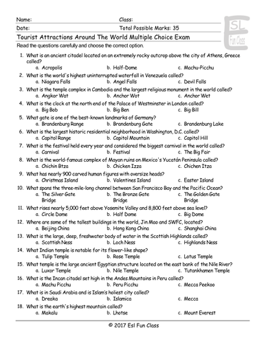 Tourist Attractions Around The World Multiple Choice Exam | Teaching ...