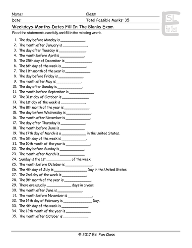 Weekdays-Months-Dates Fill In The Blanks Exam | Teaching Resources Weekdays-Months-Dates Fill In The Blanks Exam | Teaching Resources