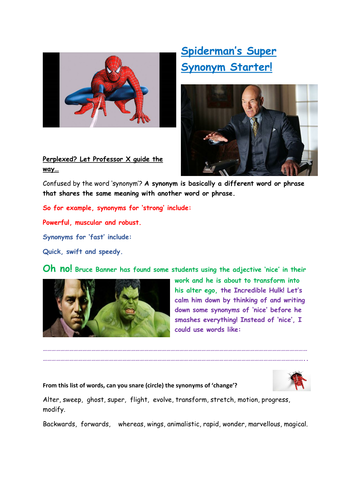 Superhero themed synonym activity - ideal starter or h/w | Teaching ...