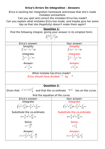Erica's Errors On Integration | Teaching Resources Erica's Errors On Integration | Teaching Resources