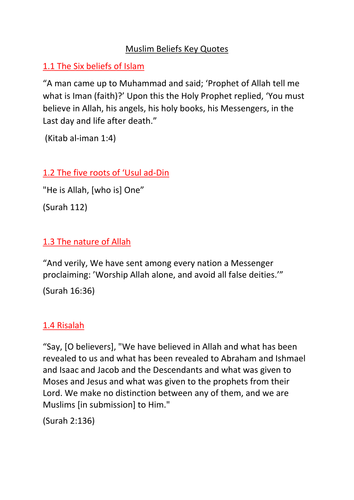 Edexcel (9-1) Muslim Beliefs teachings and quotes. GCSE Religious ...
