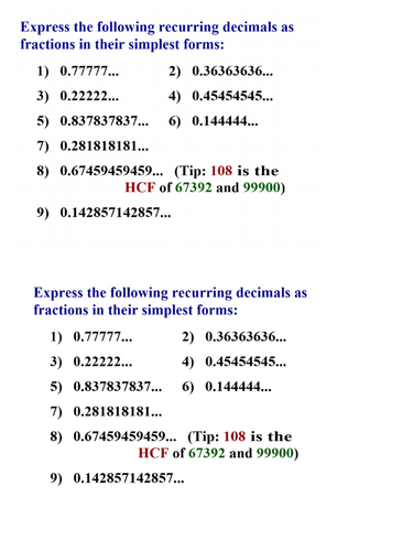 Recurring Decimals | Teaching Resources