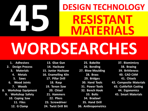 45 Wordsearches Resistant Materials Design Technology Literacy Keyword ...