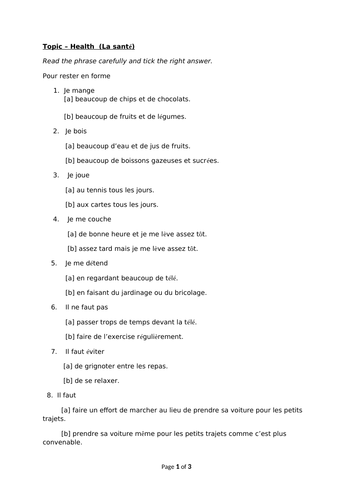 La sante (Health)- Reading comprehension and multi-task exercises ...