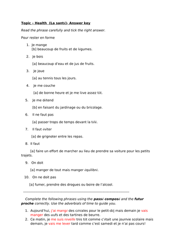 La sante (Health)- Reading comprehension and multi-task exercises ...