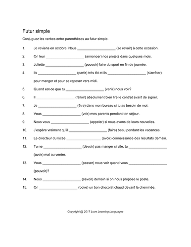GCSE FRENCH: Le futur simple - French simple future worksheet ...
