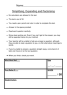 Simplifying, Expanding, Factorising Single Brackets Test | Teaching ...